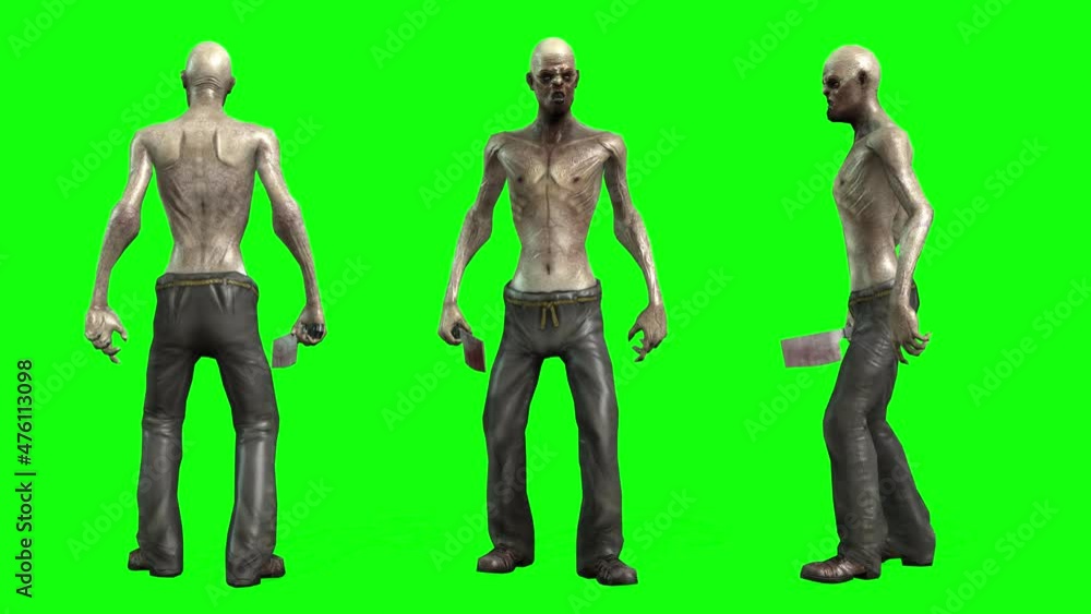 Zombie animation. 3 angle view of idle zombies. Realistic green screen ...