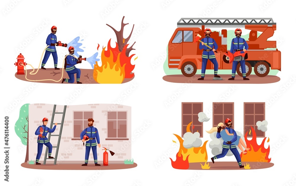 Firefighters. Emergency rescue service workers in uniforms. Firemen ...