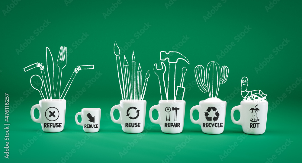 Zero Waste management, illustrated in 6 mugs with doodle illustrations ...