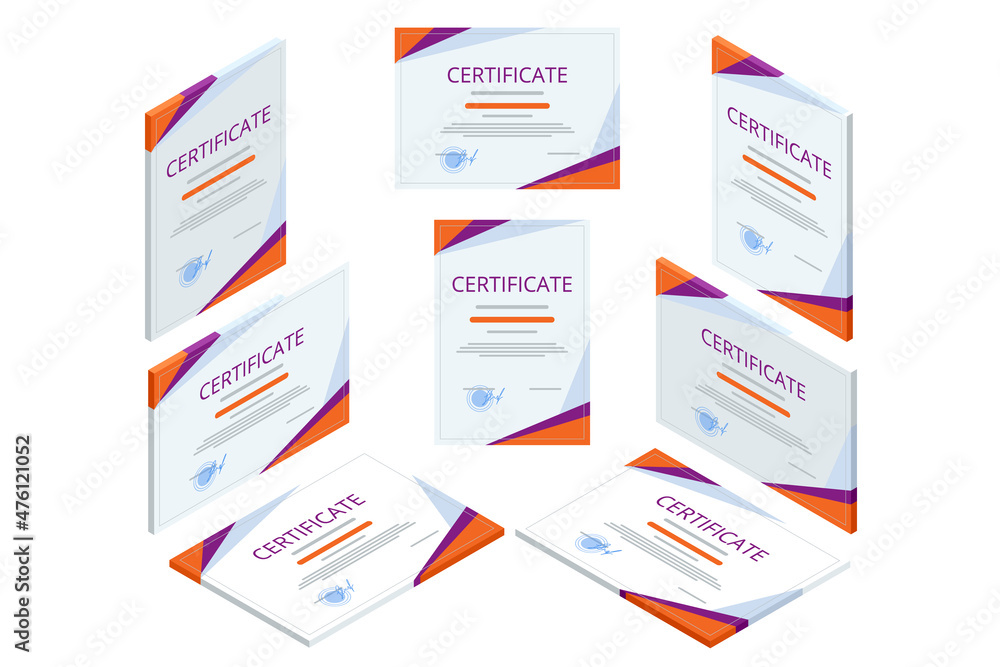 Certificate isometric view straight, left, right, top. Certificate ...