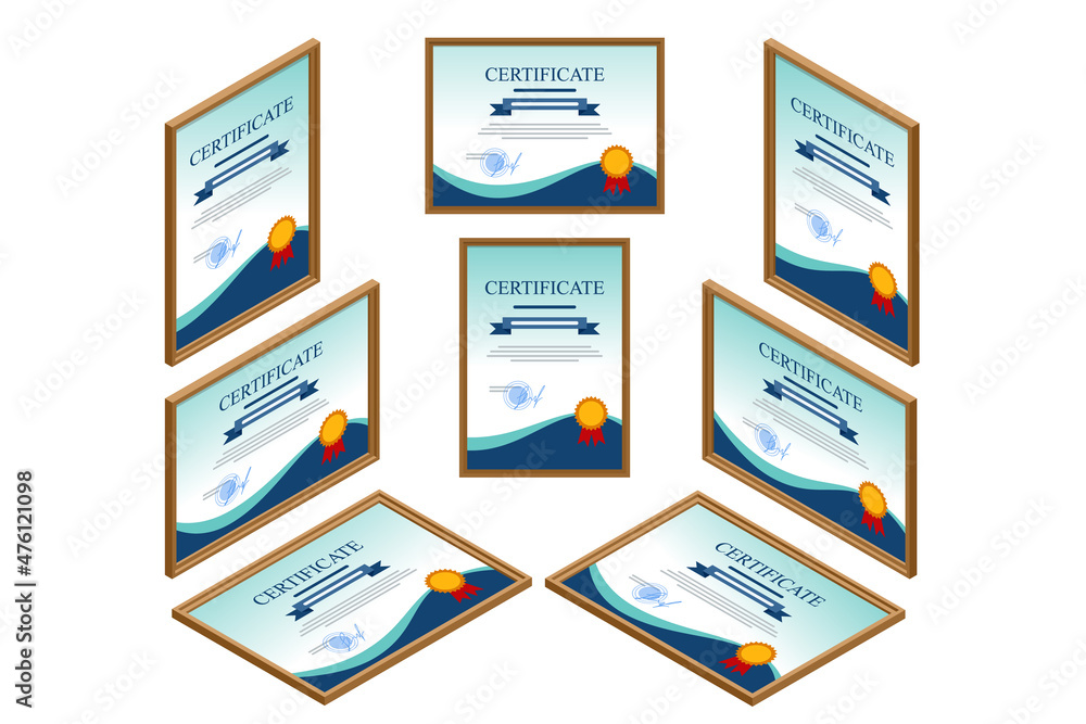 Certificate isometric view straight, left, right, top. Certificate ...
