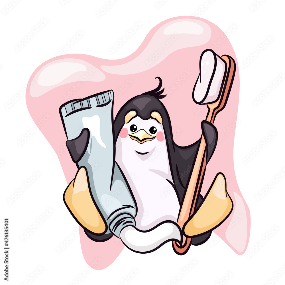 A cute little penguin is brushing his teeth. Cartoon. Prevention of ...