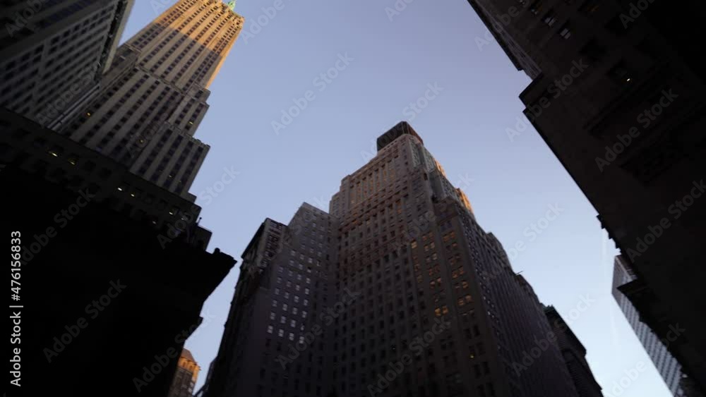 View looking up at the cityscape of modern futuristic skyscraper of New ...
