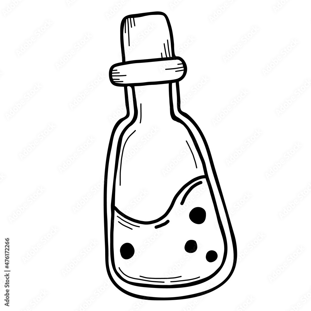 Hand drawn magic potion bottle. Vector illustration in linear doodle ...