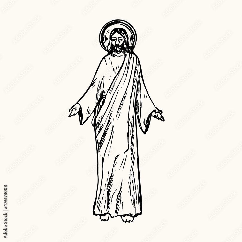 Jesus Christ. Ink black and white doodle drawing in woodcut style with ...
