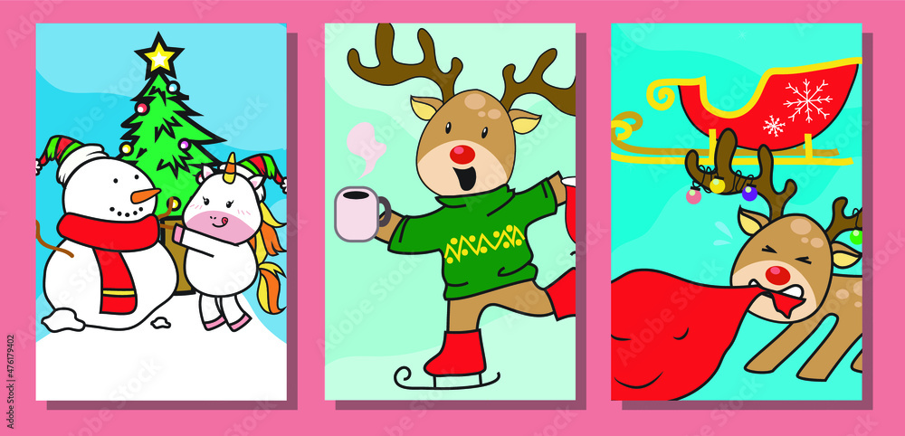 Vetor de Cute Unicorn Christmas flashcards set. Unicorn flashcards ...