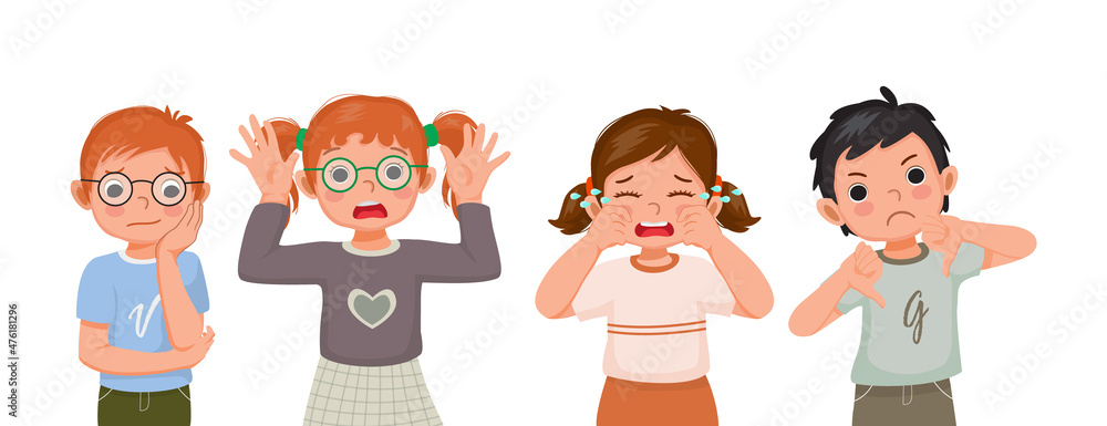 Group of children showing different negative emotions, feelings, facial expressions, hand ...