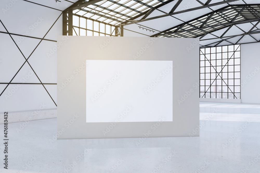 Bright spacious concrete empty hangar interior with blank mock up ...