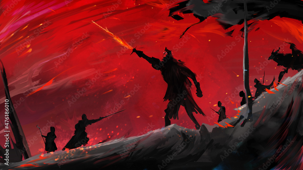 A black giant swordsman with a fiery sword in a crown on his head ...