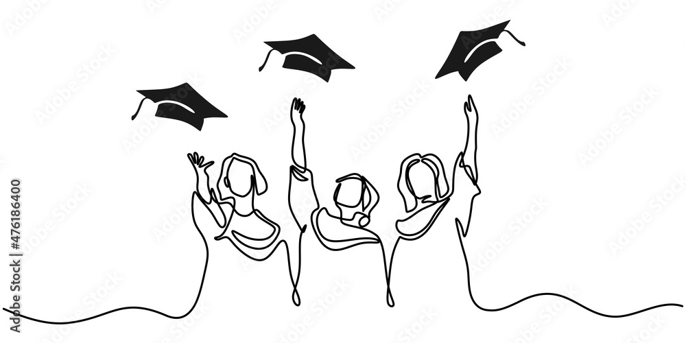Continuous one single line of three students throw their graduation hat ...