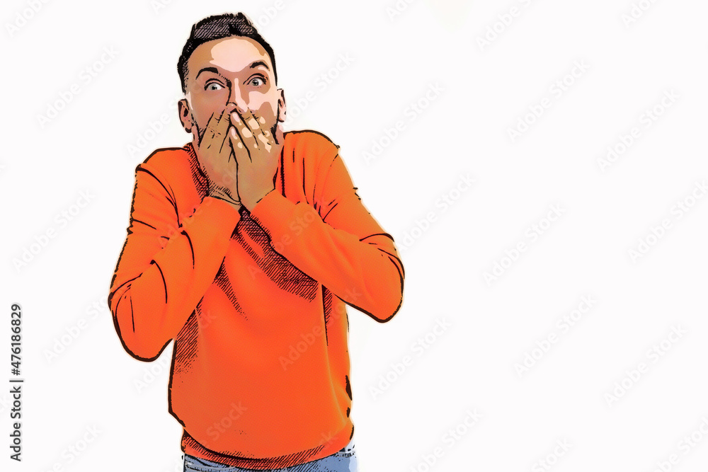 surprised and dumbfounded man in an orange sweater covers his face with ...