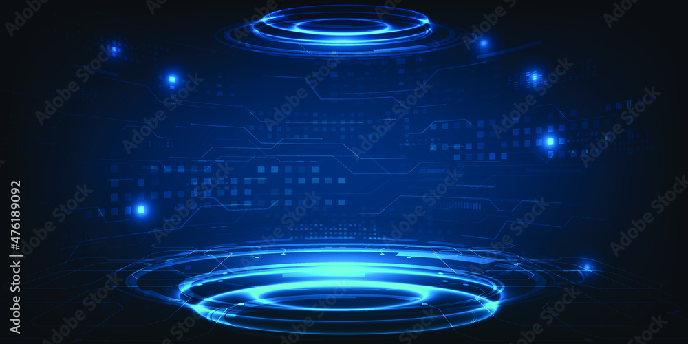 Vector illustrations of hi tech visualization hologram stage layout and ...
