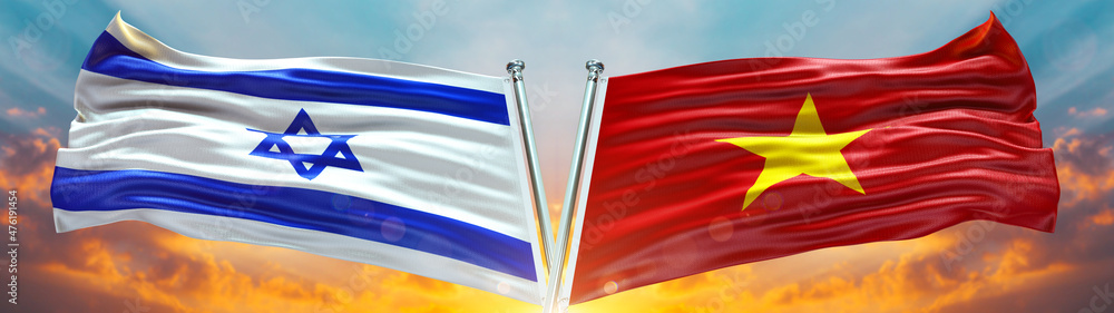 Israel flag and Vietnam Flag waving with texture sky Cloud and sunset ...