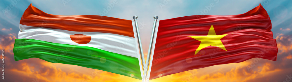Niger flag and Vietnam Flag waving with texture sky Cloud and sunset ...