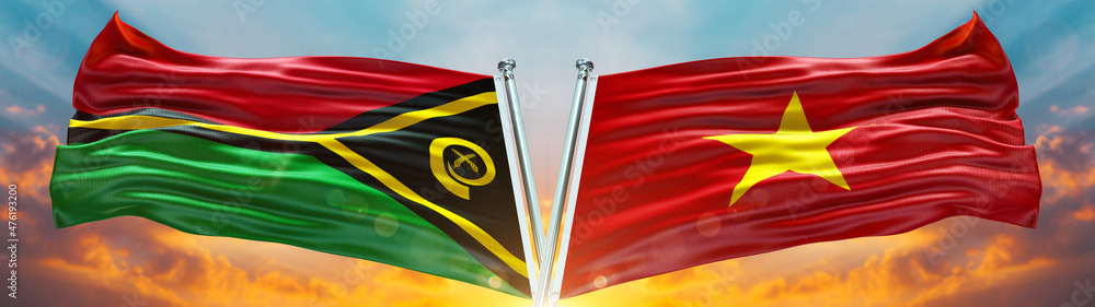 Vanuatu flag and Vietnam Flag waving with texture sky Cloud and sunset ...