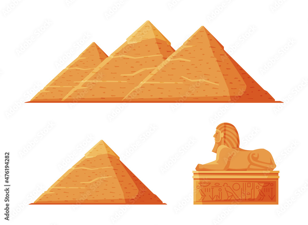 Ancient Egypt Sphinx Sand Statue and Pyramid Side View Vector Set Stock ...