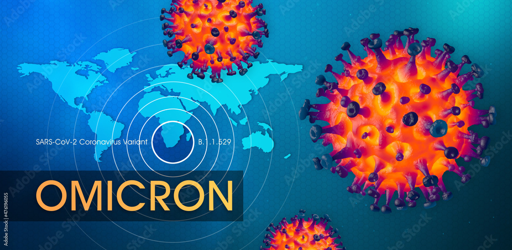 SARS-CoV-2 Coronavirus variant Omicron B.1.1.529. Microscopic view of infectious virus cells ...