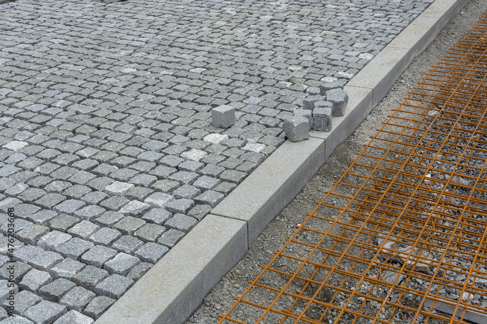 Poster paving roads, walkways and streets, preparatory works for ...