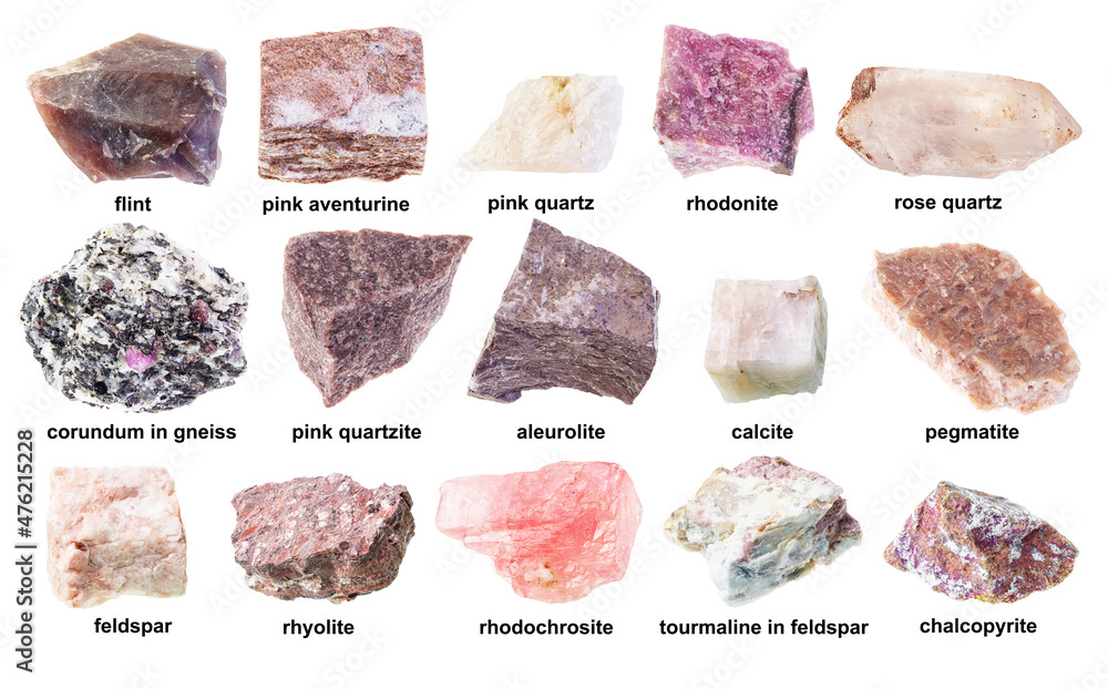 set of various unpolished pink stones with names Stock Photo | Adobe Stock