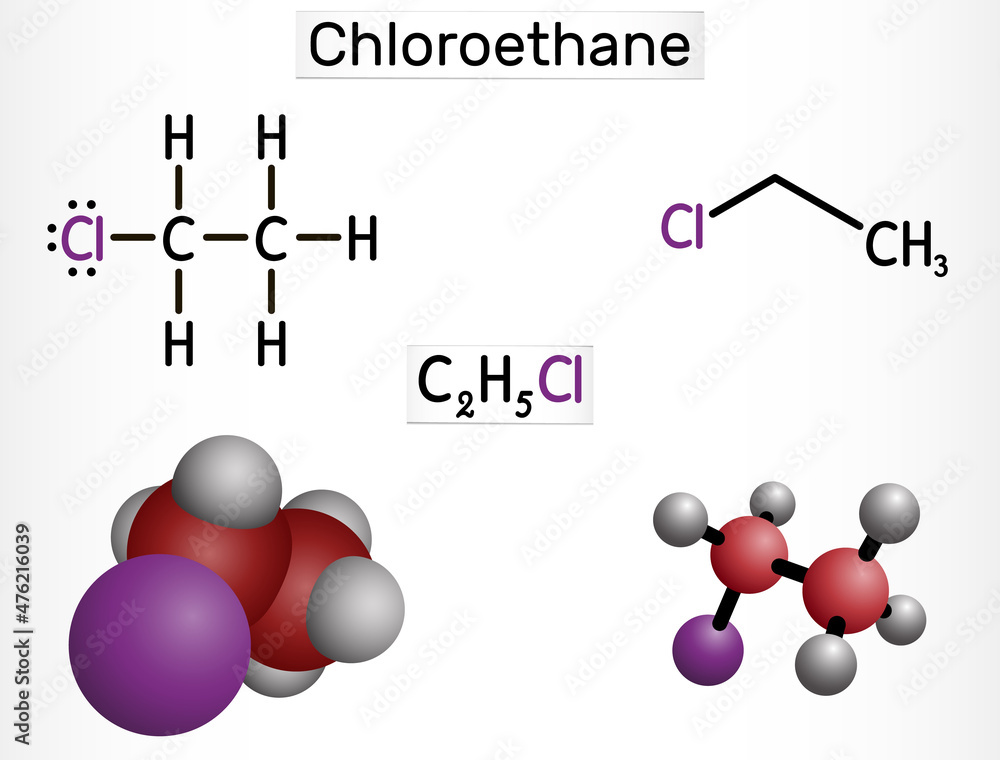 Plakat Chloroethane, ethyl chloride, monochloroethane molecule. It is ...