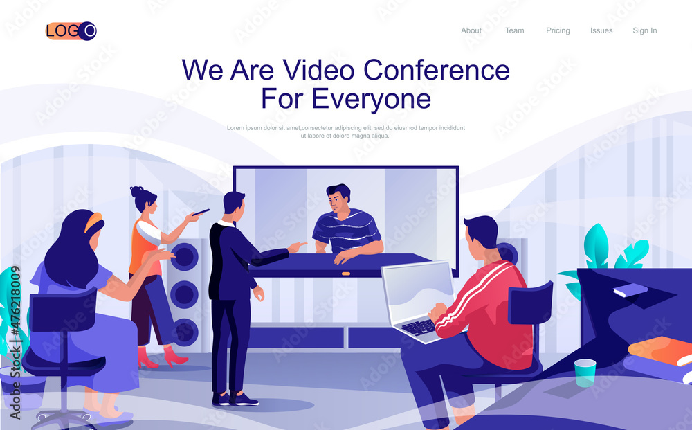 Video conference concept isometric landing page. People communicate by ...