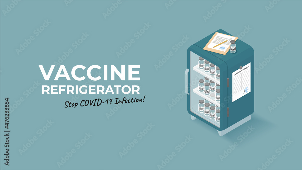 Medical vaccine refrigerator banner background. 3d isometric medical ...