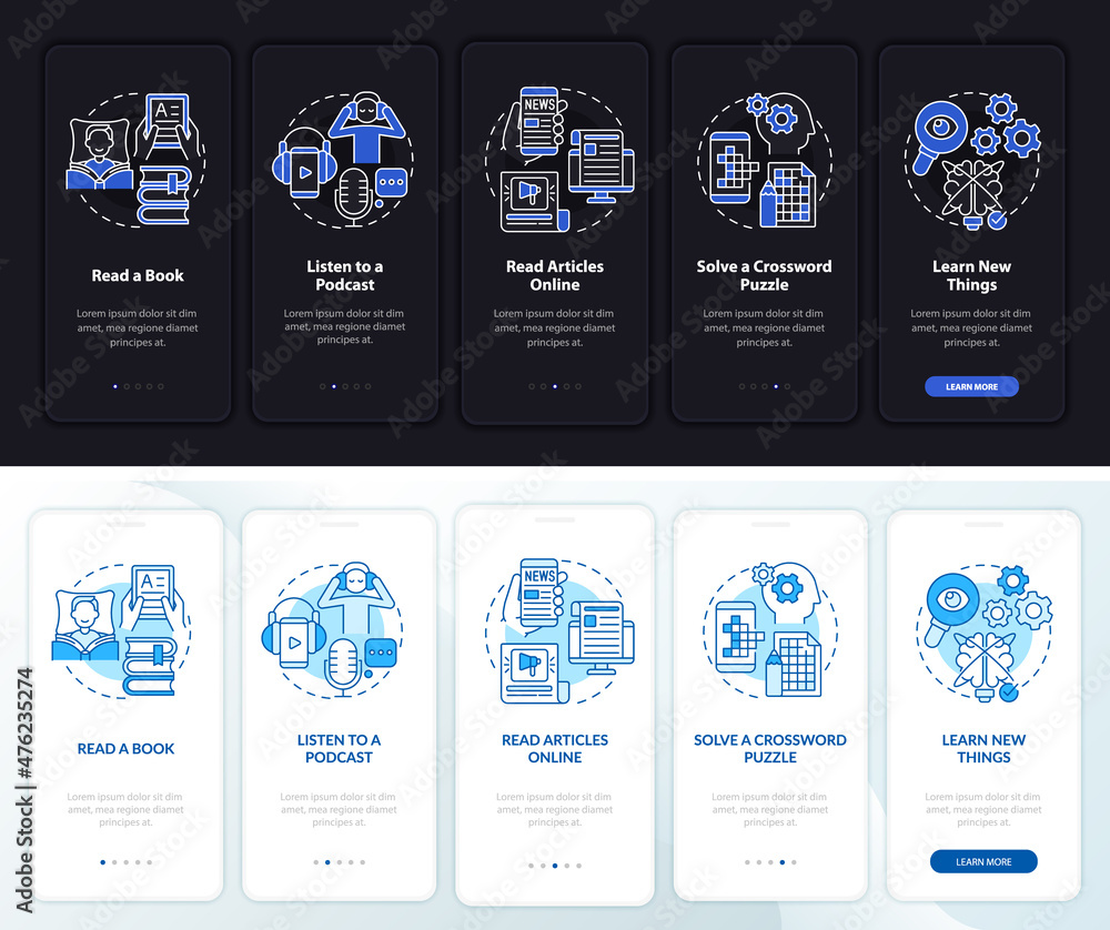 Morning routine night and day mode onboarding mobile app screen. Tips ...
