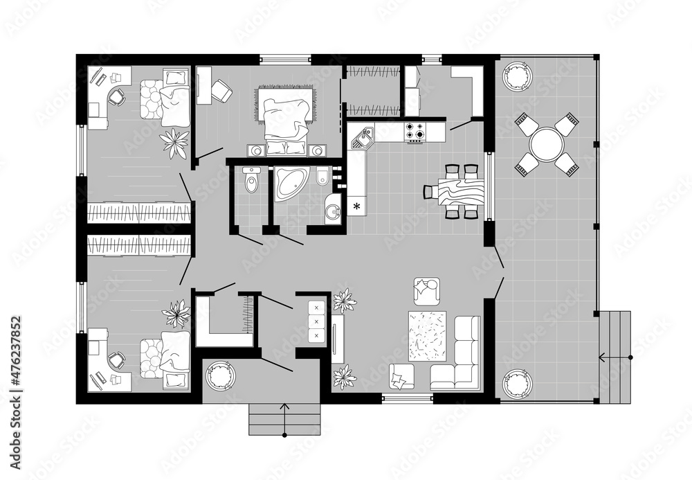 Interior design floor plan top view. Architectural plan of a house from ...