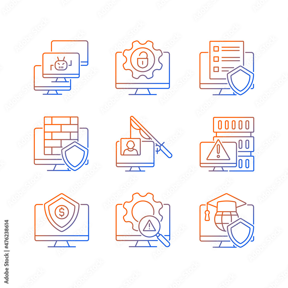 Cybercrime and its prevention gradient linear vector icons set ...