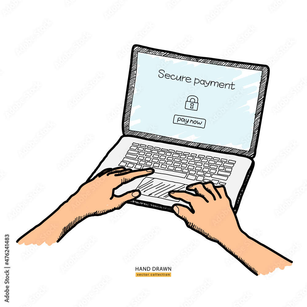 Online banking on computer. Secure payment text on screen. Hands on ...