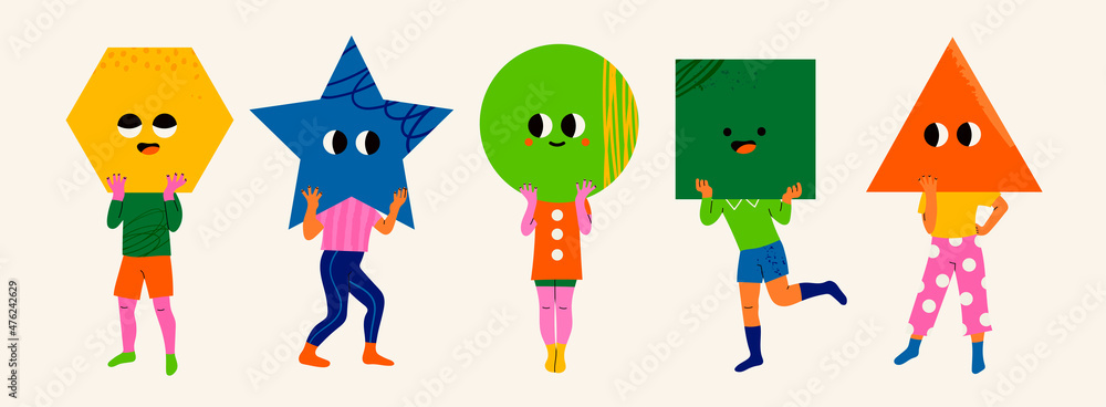 Playful people holding geometric shapes with faces instead of heads ...