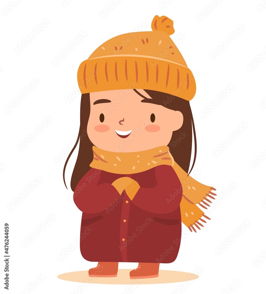 Little cartoon girl in winter coat, jacket. Happy cute girl in hat and ...