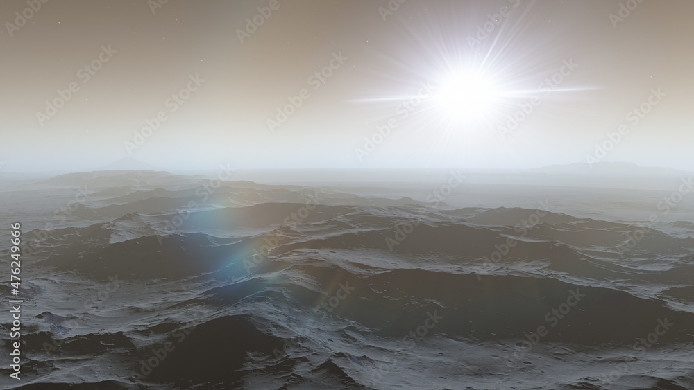 realistic surface of an alien planet, view from the surface of an exo ...