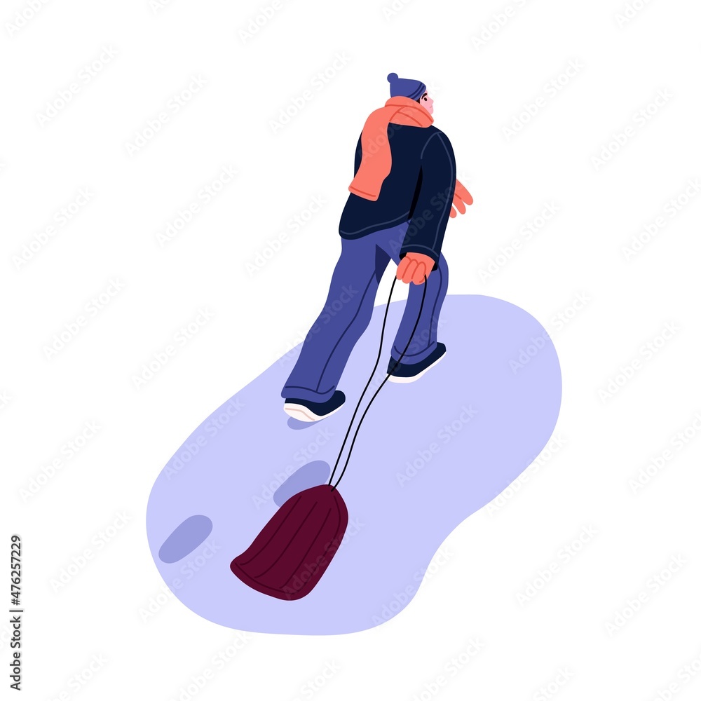 Person pulling slippery snow sleds with rope. Man walking and hauling ...