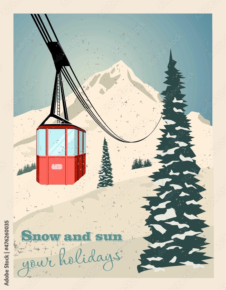 Winter landscape with ropeway station and ski cable cars. Snowy country ...