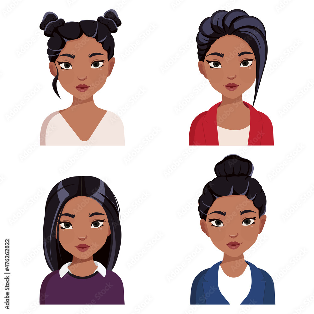 happy asian woman avatar set. Different women characters collection ...