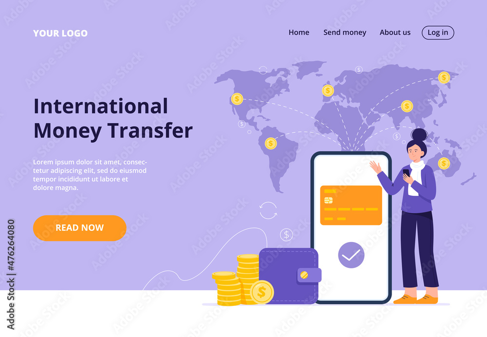 A girl makes an international money transfer. Concept of secure mobile ...