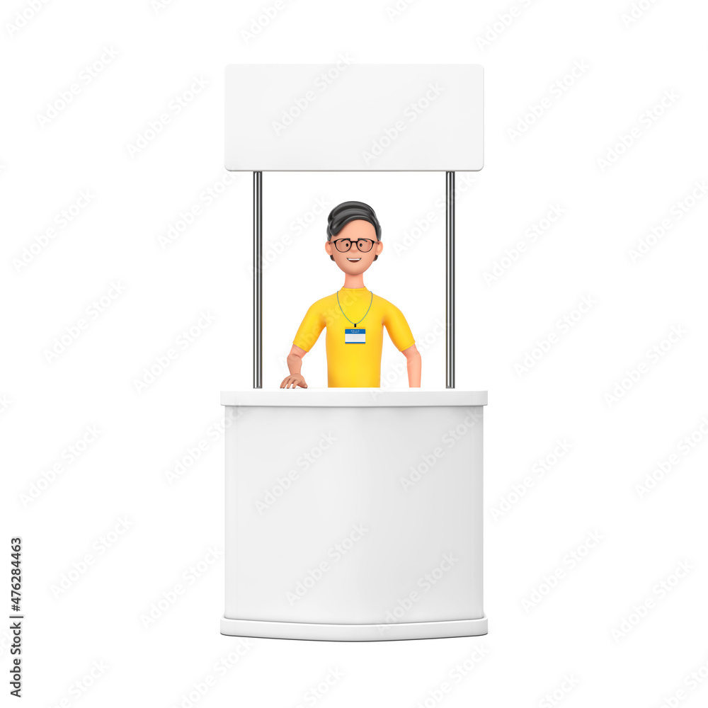 Cartoon Character Person with Promotion Stand. 3d Rendering Stock ...