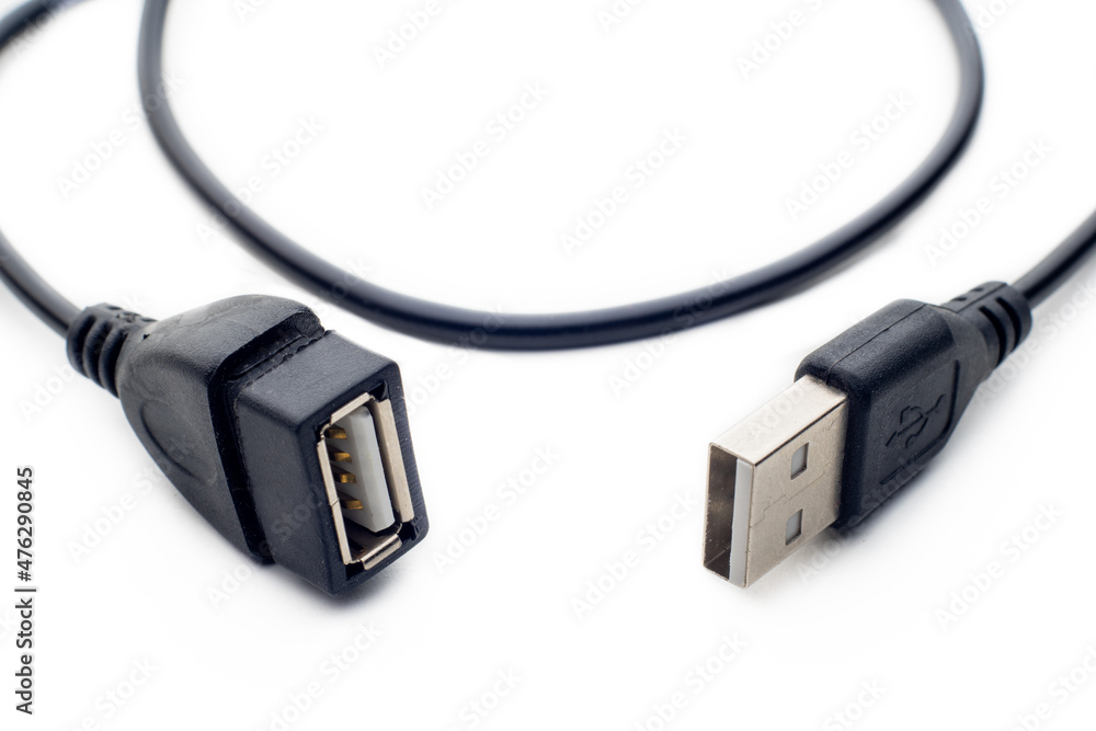 Black usb type-A male and female cable on a white background with a ...
