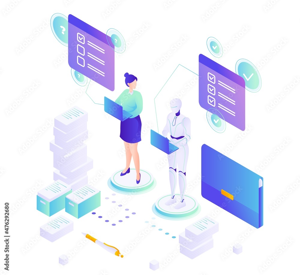 Robot machine doing work quickly than human, vector isometric ...