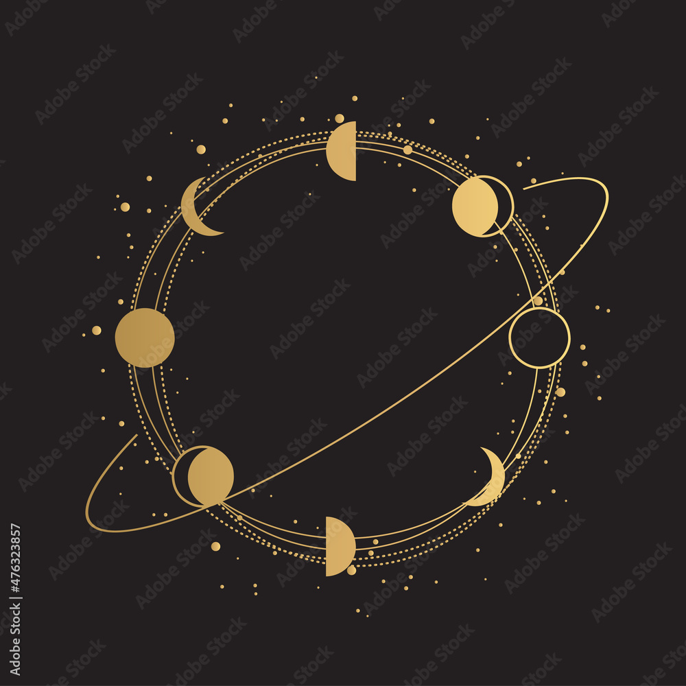 Hand Drawn Gold Logo Frame with golden moon phases and stars. Abstract ...