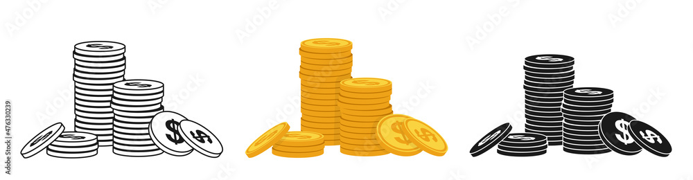 Gold coin pile cartoon or stamp, doodle outline set. Neat money piles ...