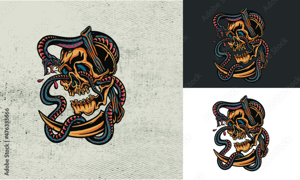 artwork design of head skull and snake vector illustration , tattoo ...
