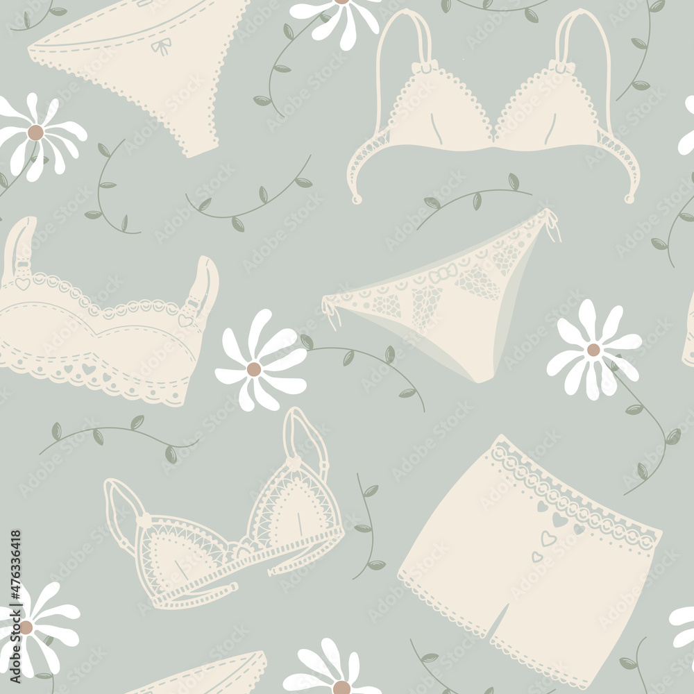 Lingerie seamless pattern. Underwear green background design. Outline ...