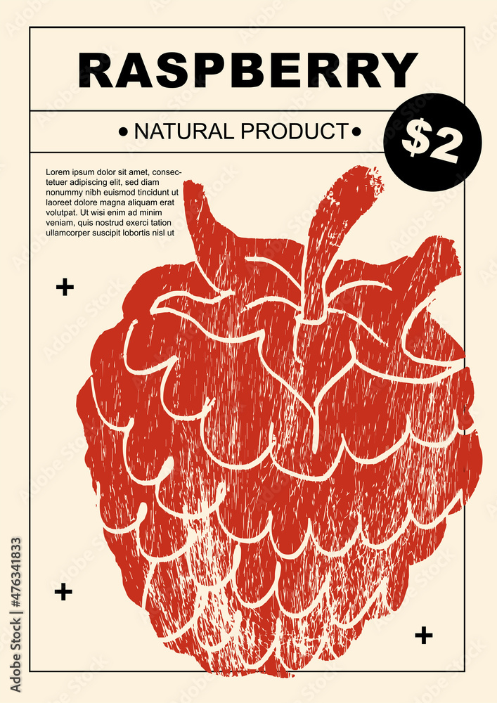 Raspberry. Set of posters of fruits and berries in a abstract draw ...