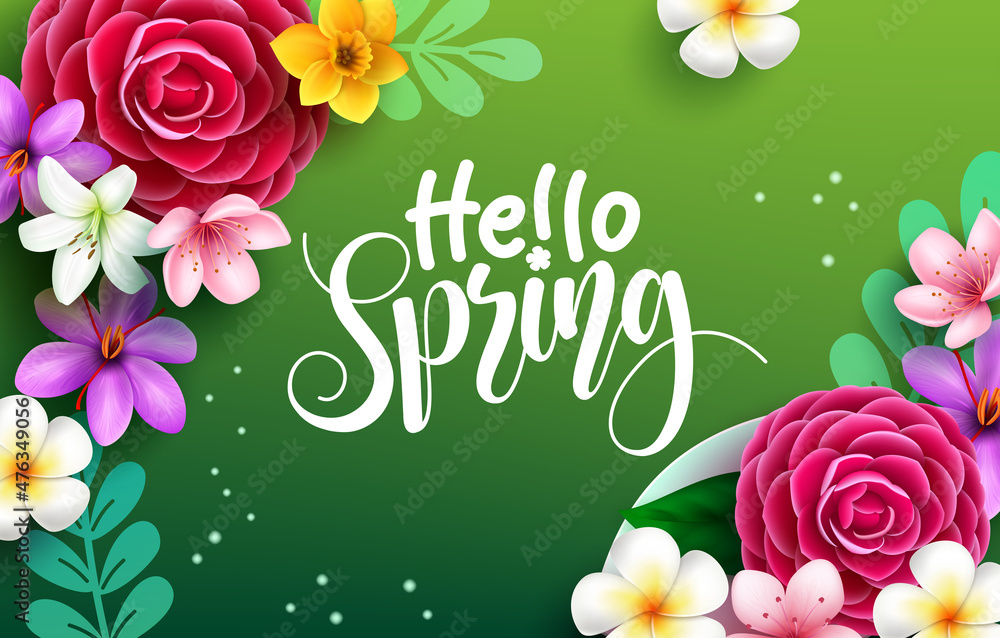 Spring flowers vector background design. Hello spring greeting text in ...