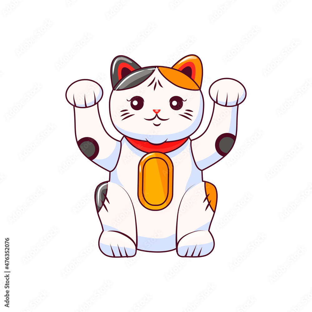 Cute maneki neko Japanese luck cat with raised paws.Symbol of wealth. Vector cartoon ...