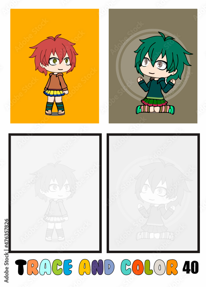 set of cartoon character coloring pages ,Trace and color, chibi, kids ...