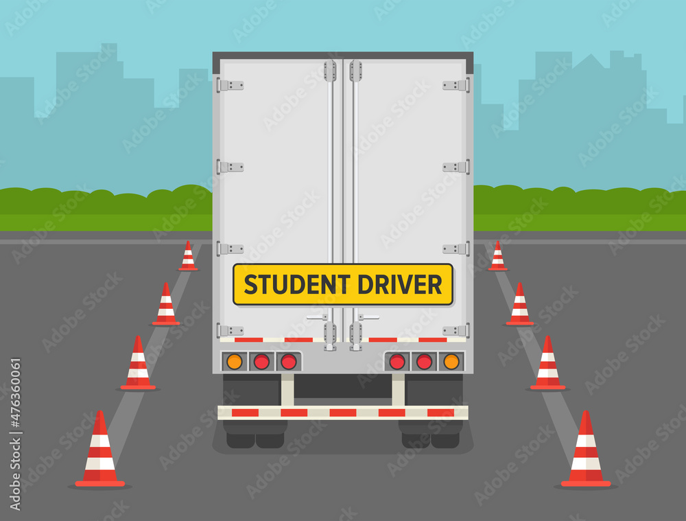 Heavy vehicle driving practice test with red cones. Student driver ...
