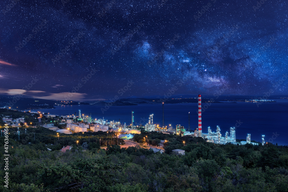Rijeka refinery in the night with stars sky. View from Kostrena Stock ...